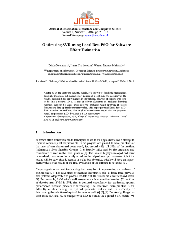 Pdf Optimizing Svr Using Local Best Pso For Software Effort Estimation 