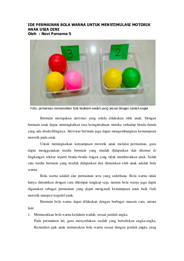 (PDF) IDE PERMAINAN BOLA WARNA UNTUK MENSTIMULASI MOTORIK ANAK USIA DINI Oleh : Novi Purnama S ...