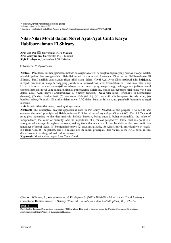 Pdf Nilai Nilai Moral Dalam Novel Ayat Ayat Cinta Karya Habiburrahman El Shirazy Sigit 
