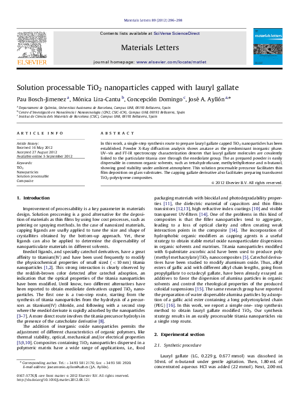 (PDF) Solution processable TiO2 nanoparticles capped with lauryl gallate