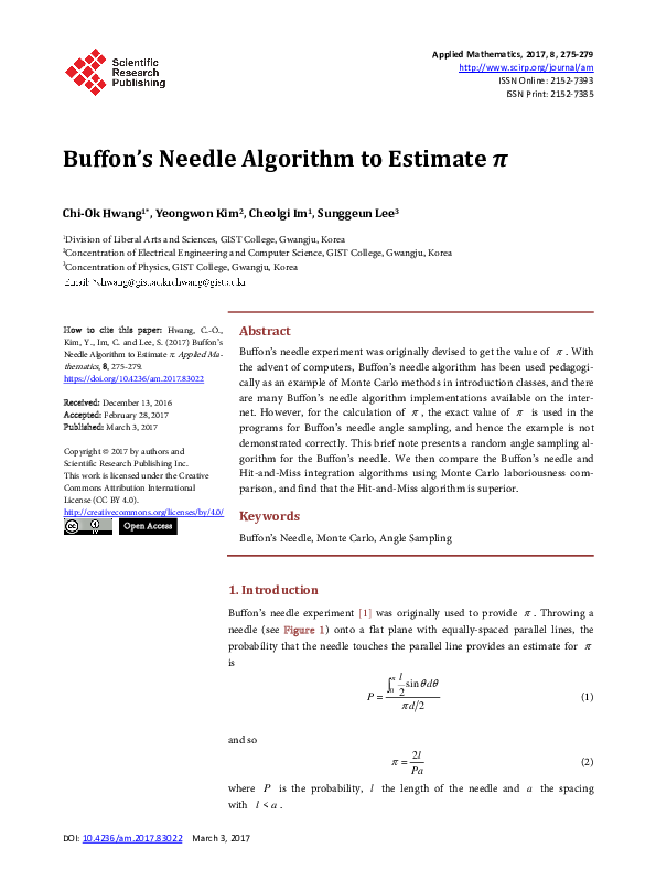 (PDF) Buffon’s Needle Algorithm to Estimate π