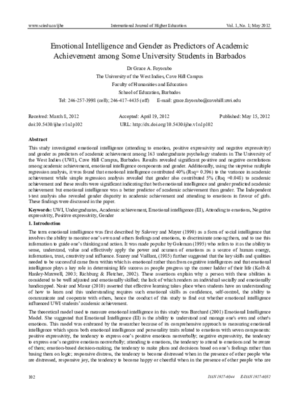 (PDF) Emotional Intelligence and Gender as Predictors of Academic Achievement among Some ...