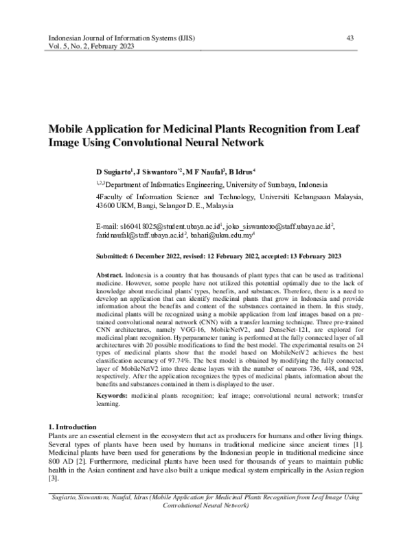 Mobile Application For Medicinal Plants Recognition From Leaf Image Using Convolutional Neural