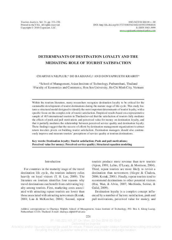(PDF) Determinants of Destination Loyalty and the Mediating Role of Tourist Satisfaction