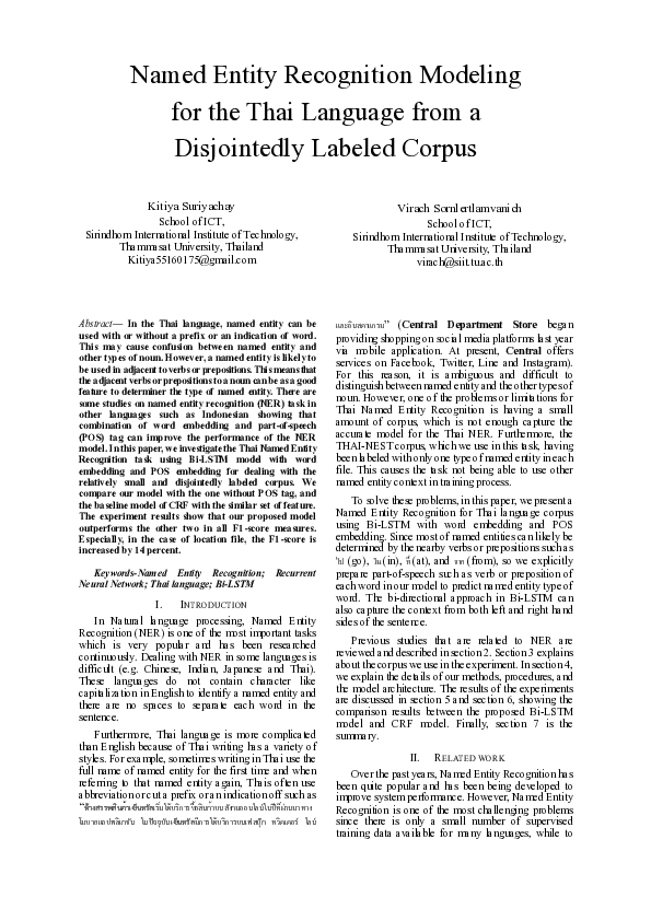 (PDF) Named Entity Recognition Modeling for the Thai Language from a Disjointedly Labeled Corpus