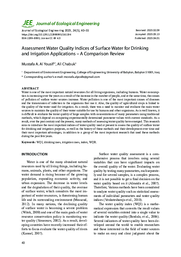 (PDF) Assessment Water Quality Indices of Surface Water for Drinking and Irrigation Applications ...