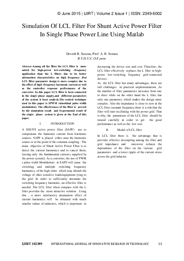 (PDF) Simulation Of LCL Filter For Shunt Active Power Filter In Single ...