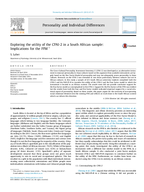 (PDF) Exploring the utility of the CPAI-2 in a South African sample ...