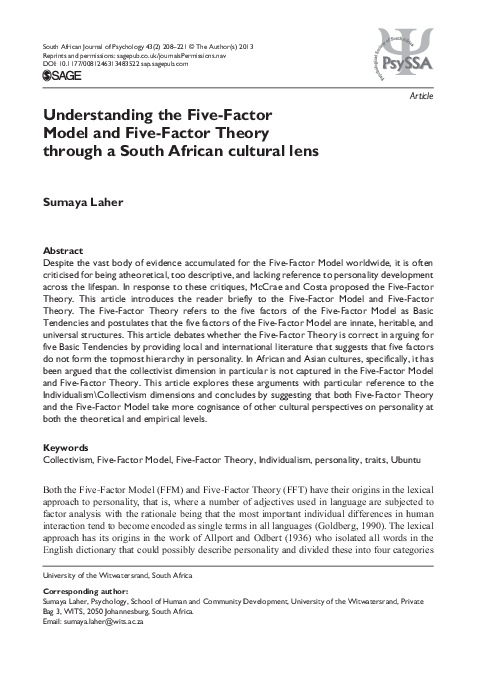 (PDF) Understanding the Five-Factor Model and Five-Factor Theory through a South African ...