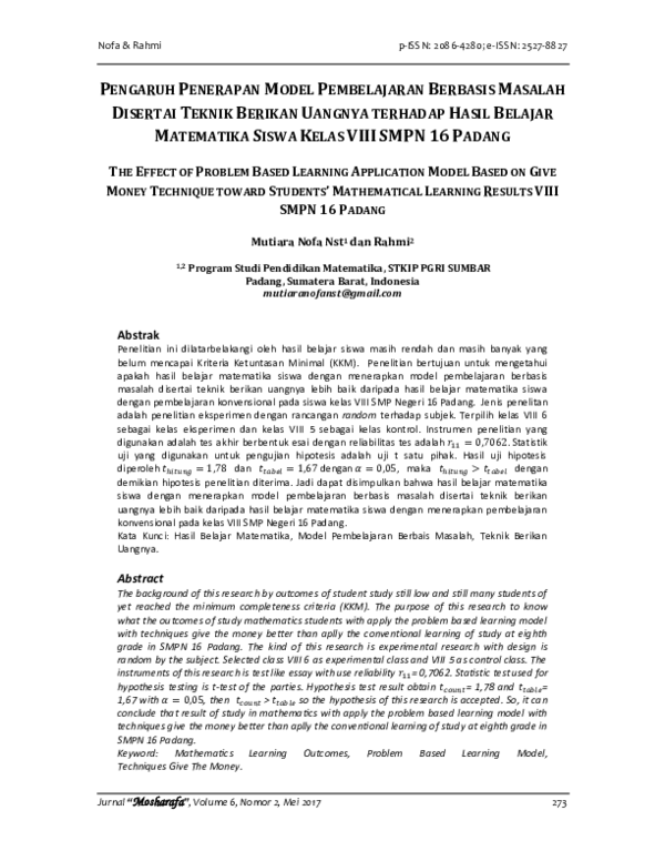 (PDF) Pengaruh Penerapan Model Pembelajaran Berbasis Masalah Disertai Teknik Berikan Uangnya ...