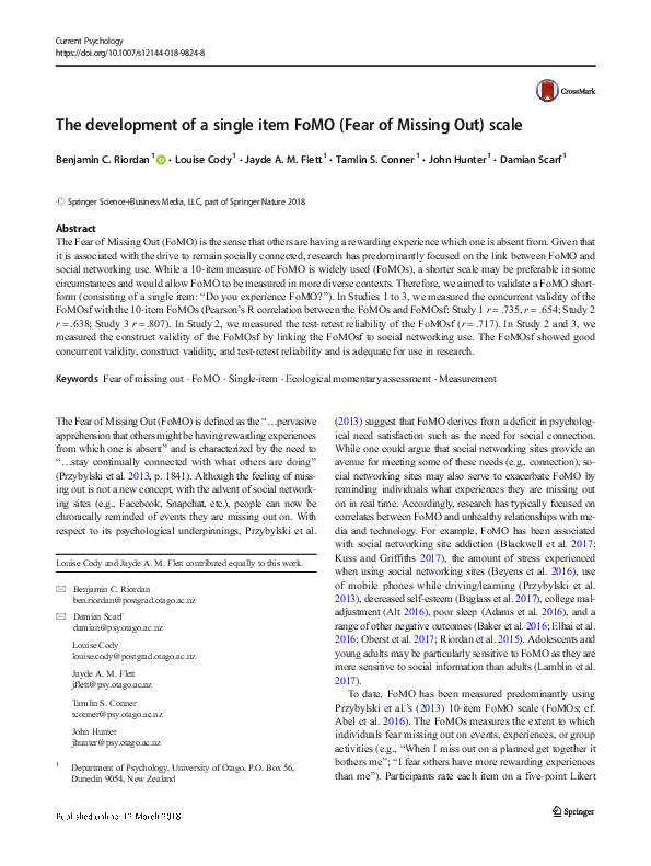 (PDF) The development of a single item FoMO (Fear of Missing Out) scale
