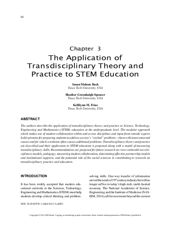 (PDF) The Application of Transdisciplinary Theory and Practice to STEM Education
