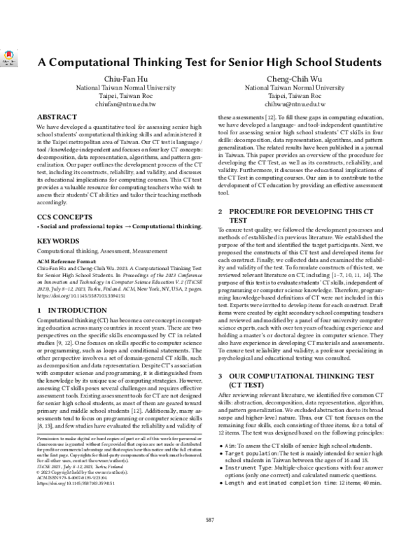 (PDF) A Computational Thinking Test for Senior High School Students