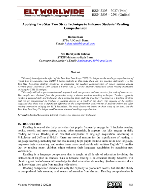 (PDF) Applying Two Stay Two Stray Technique to Enhance Students' Reading Comprehension
