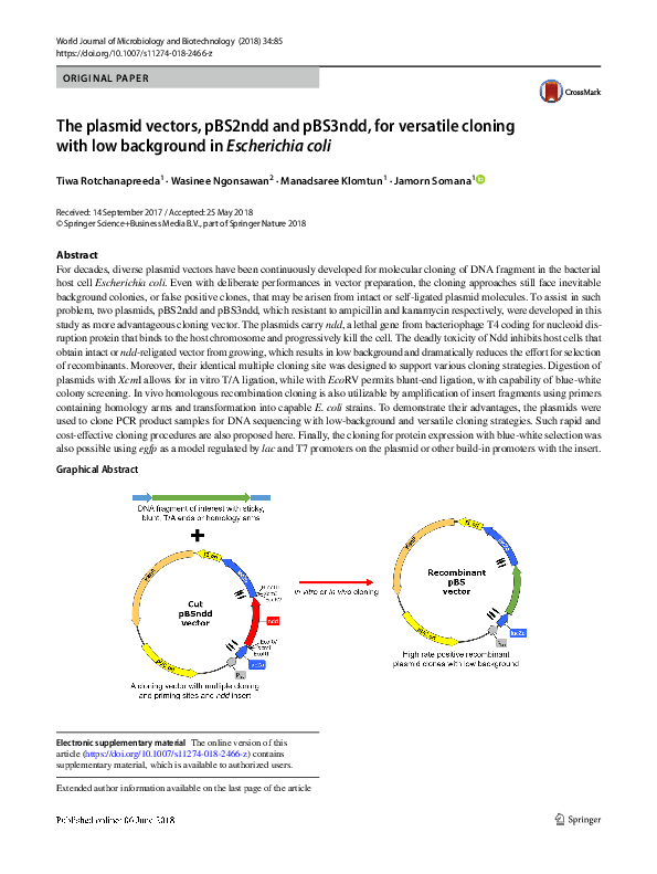 (PDF) The plasmid vectors, pBS2ndd and pBS3ndd, for versatile cloning with low background in ...
