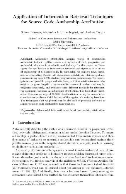 (PDF) Application of Information Retrieval Techniques for Source Code Authorship Attribution