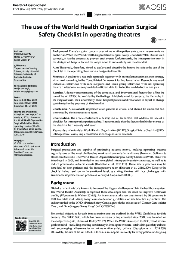 (PDF) The use of the World Health Organization Surgical Safety ...