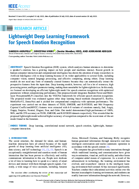 (PDF) Lightweight Deep Learning Framework for Speech Emotion Recognition