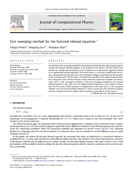 (PDF) Fast sweeping method for the factored eikonal equation