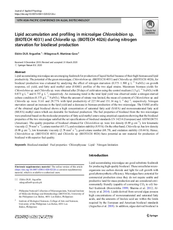 (PDF) Lipid accumulation and profiling in microalgae Chlorolobion sp. (BIOTECH 4031) and ...