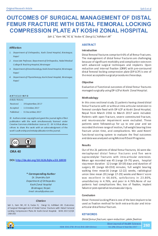 (PDF) Outcomes of Surgical Management of Distal Femur Fracture with ...