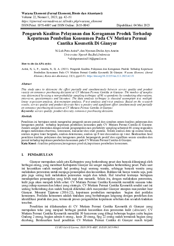 (PDF) Pengaruh Kualitas Pelayanan dan Keragaman Produk Terhadap Keputusan Pembelian Konsumen ...