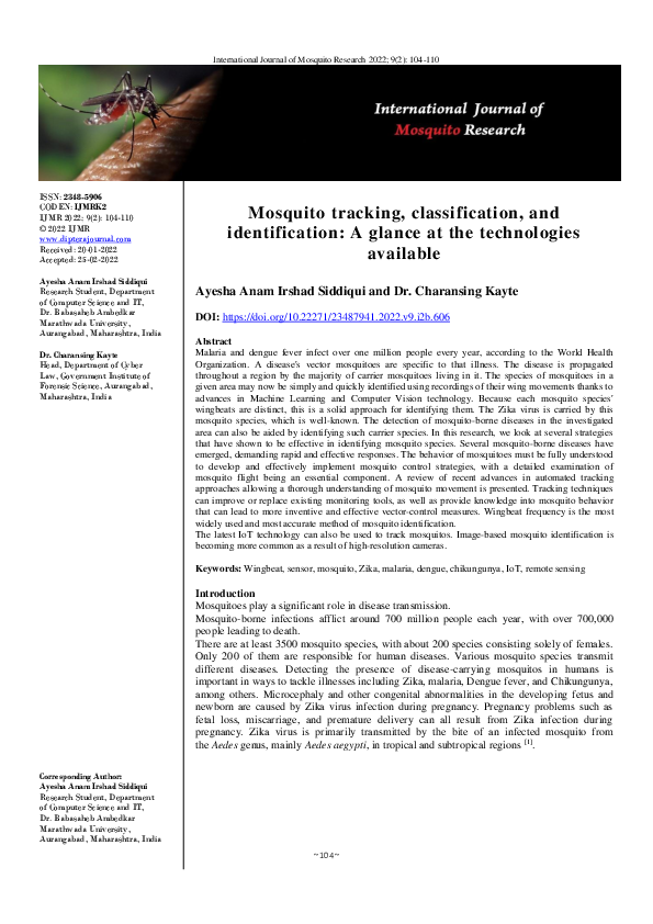Pdf Mosquito Tracking Classification And Identification A Glance At The Technologies Available