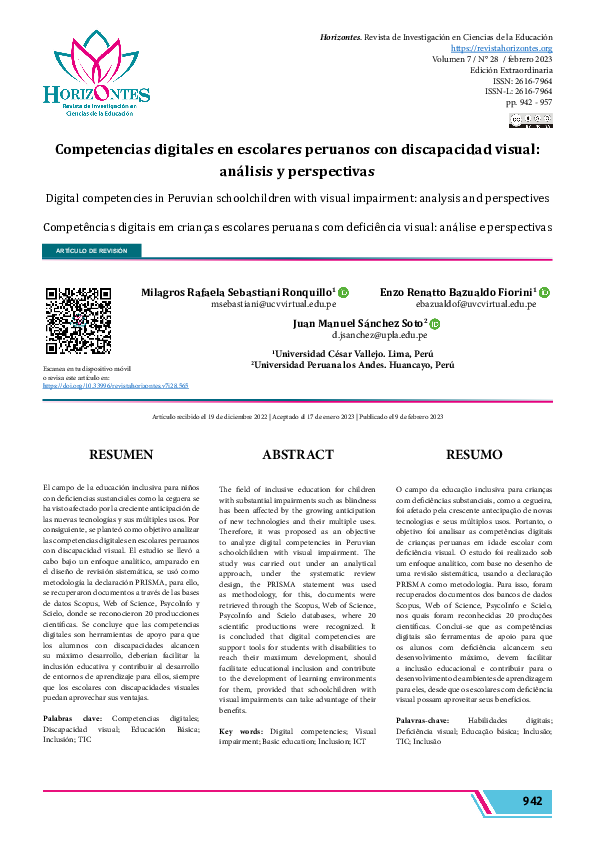 Competencias digitales en escolares peruanos con discapacidad visual: análisis y perspectivas