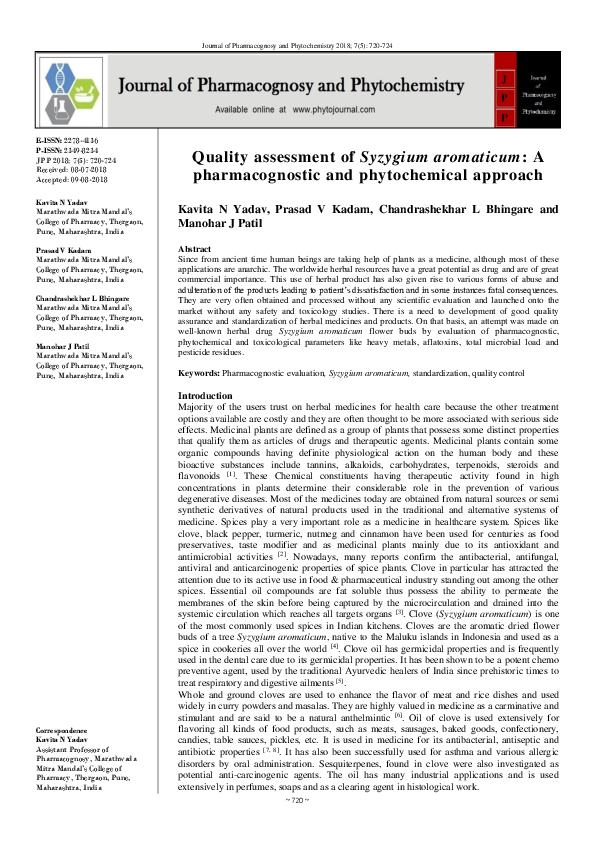 (PDF) Quality assessment of Syzygium aromaticum: A pharmacognostic and phytochemical approach