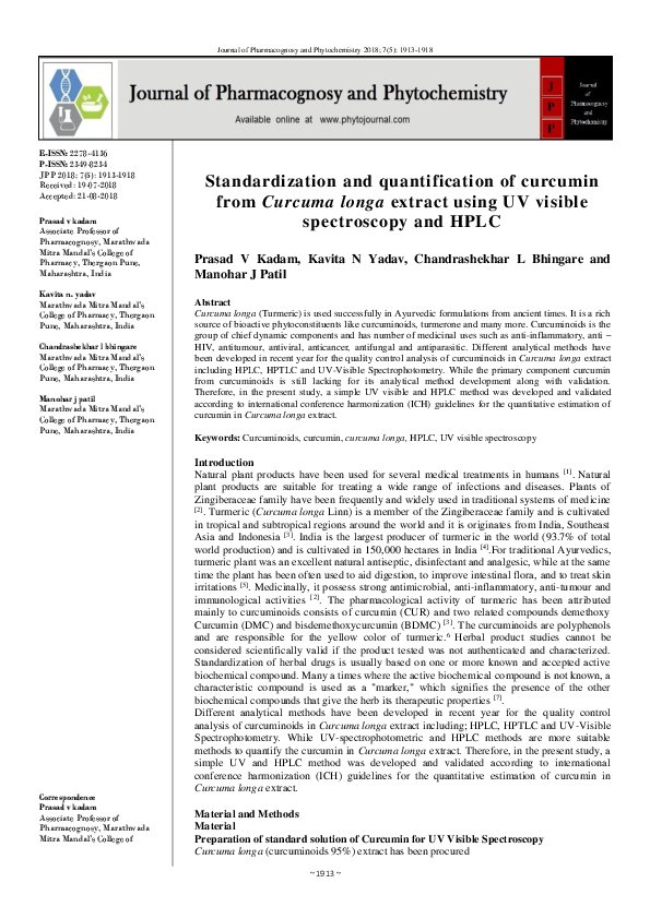 (PDF) Standardization and quantification of curcumin from Curcuma longa ...