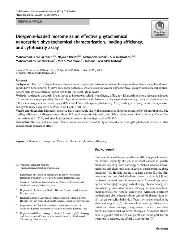 Pdf Diosgenin Loaded Niosome As An Effective Phytochemical Nanocarrier Physicochemical