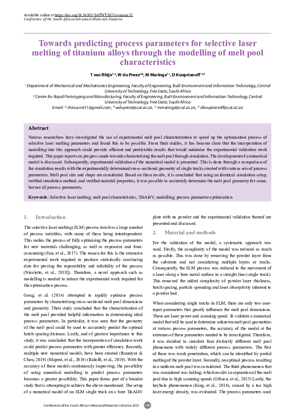 (PDF) Towards predicting process parameters for selective laser melting of titanium alloys ...