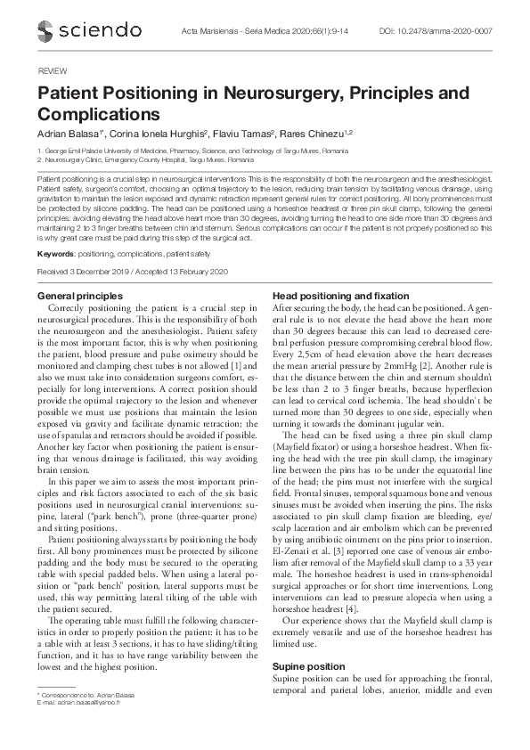 (PDF) Patient Positioning in Neurosurgery, Principles and Complications