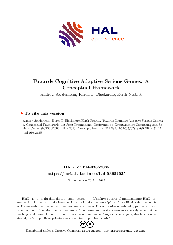 Pdf Towards Cognitive Adaptive Serious Games A Conceptual Framework