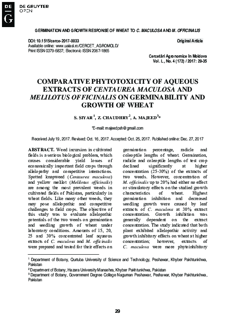 (PDF) Comparative Phytotoxicity of Aqueous Extracts of Centaurea maculosa and Melilotus ...