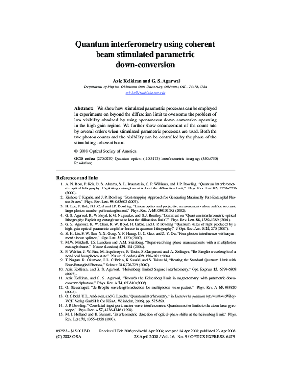 (PDF) Quantum interferometry using coherent beam stimulated parametric down-conversion