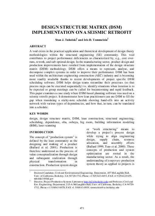 Pdf Design Structure Matrix Dsm Implementation On A Seismic Retrofit