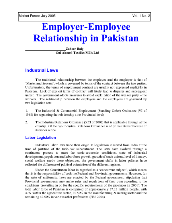 (PDF) Employer-Employee Relationship in Pakistan