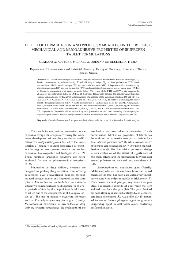 Pdf Effect Of Formulation And Process Variables On The Release