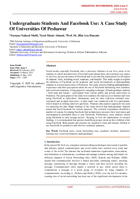 (PDF) Undergraduate Students And Facebook Use: A Case Study Of Universities Of Peshawar