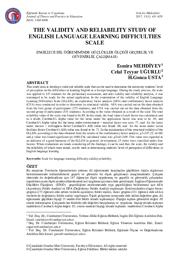 (PDF) The Validity and Reliability Study of English Language Learning ...