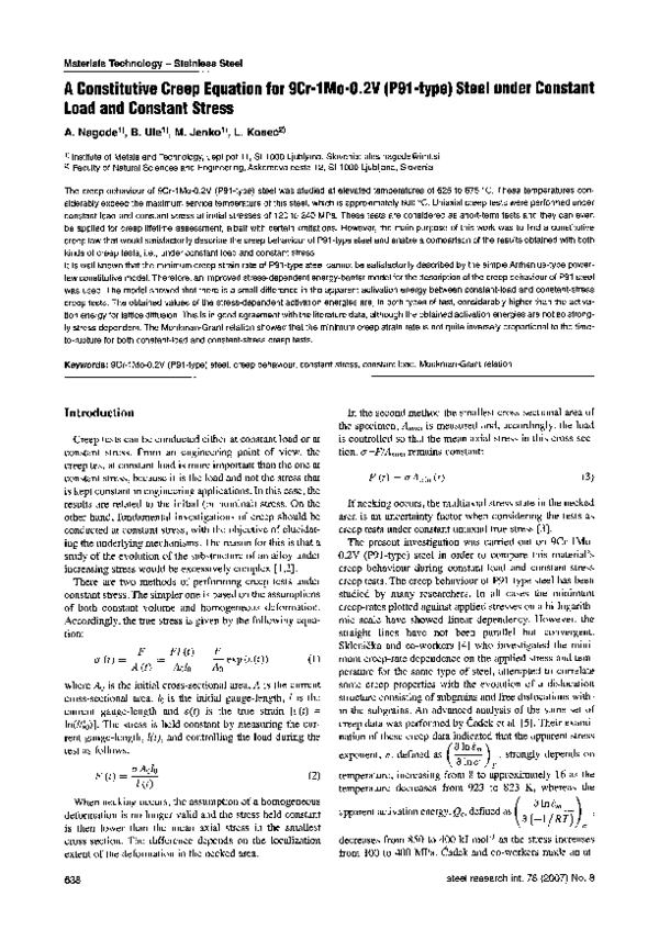 (PDF) A Constitutive Creep Equation for 9Cr‐1Mo‐0.2V (P91‐type) Steel ...