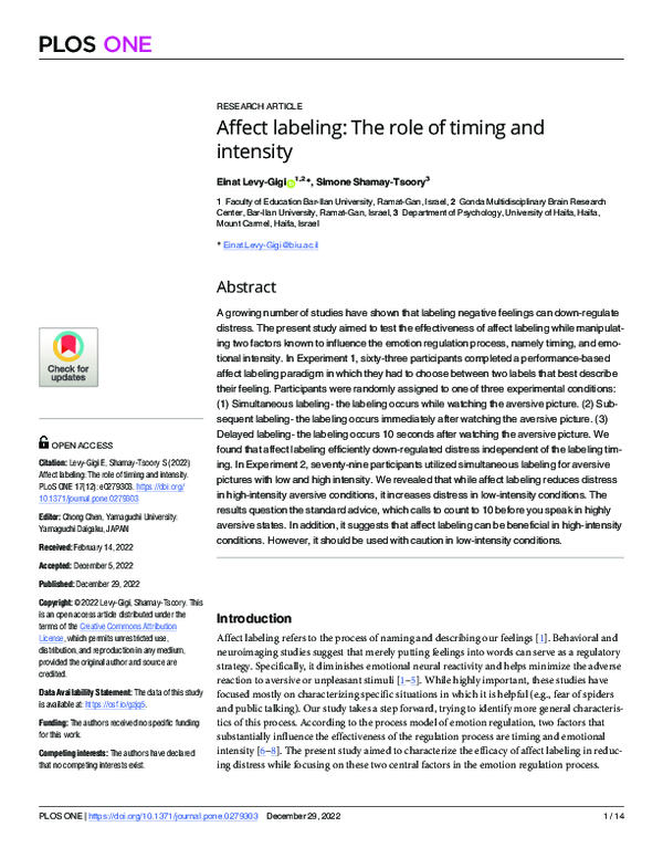 (PDF) Affect labeling: The role of timing and intensity