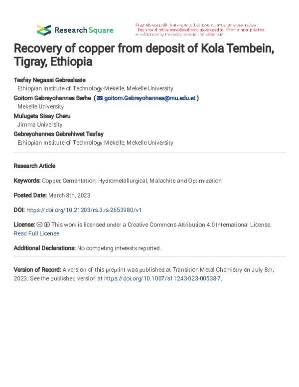 (PDF) Recovery of copper from deposit of Kola Tembein, Tigray, Ethiopia