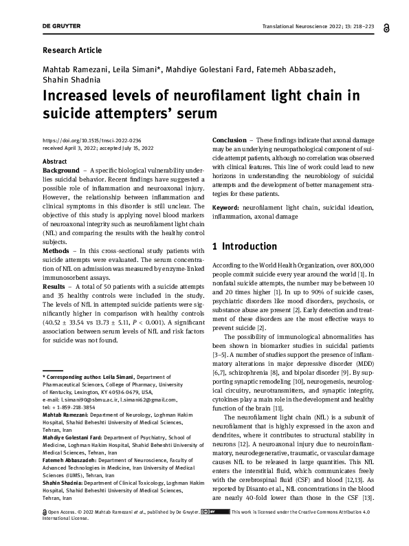 (PDF) Increased levels of neurofilament light chain in suicide ...
