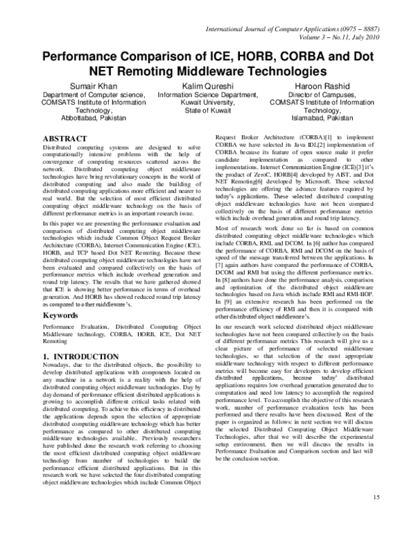 (PDF) Performance Comparison of ICE, HORB, CORBA and Dot NET Remoting Middleware Technologies