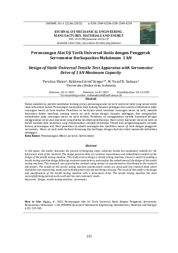 (PDF) Perancangan Alat Uji Tarik Universal Statis dengan Penggerak Servomotor Berkapasitas ...