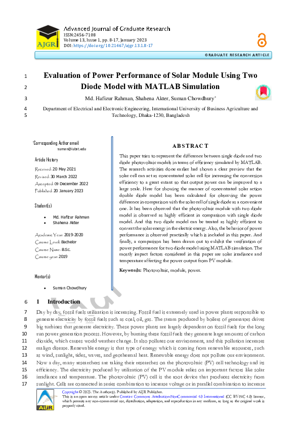 (PDF) Evaluation of Power Performance of Solar Module Using Two Diode Model with MATLAB Simulation