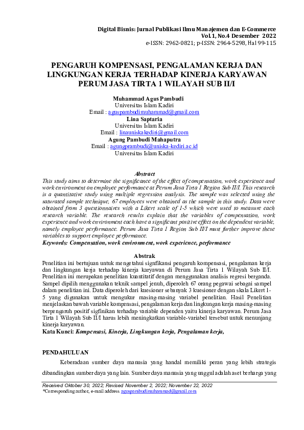 (PDF) Pengaruh Kompensasi, Pengalaman Kerja Dan Lingkungan Kerja Terhadap Kinerja Karyawan Perum ...