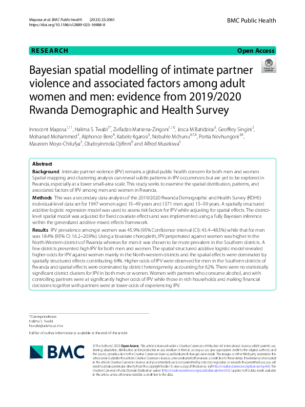 (PDF) Bayesian spatial modelling of intimate partner violence and associated factors among adult ...